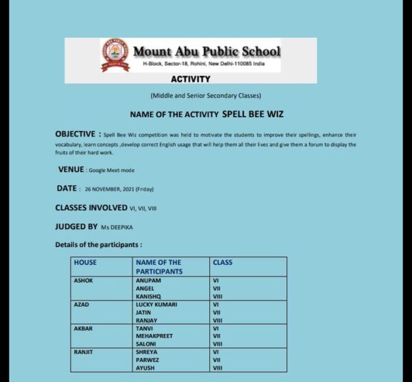 Spell Bee Wiz Competition – Mount Abu Public School, Sector-18, Rohini